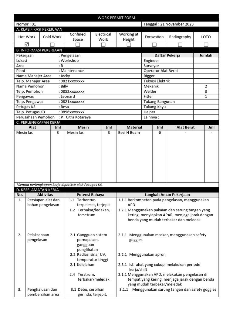 Daftar Pekerja Jumlah: Work Permit Form | PDF