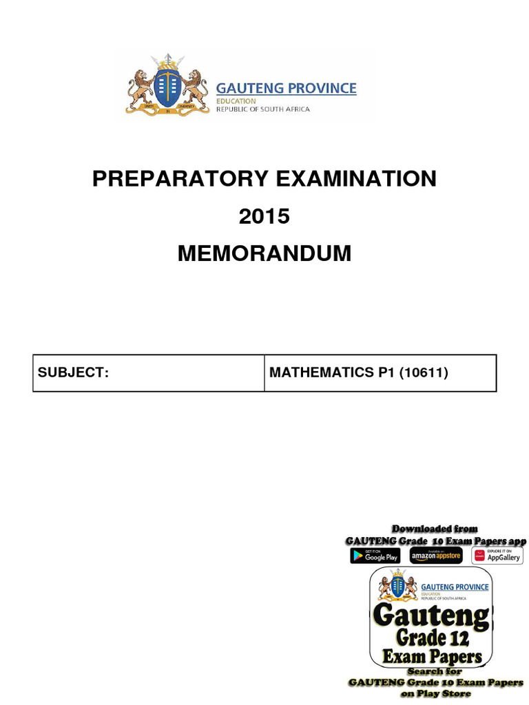 Grade 12 NSC Mathematics P1 (English) 2015 Preparatory Examination Possible Answers | PDF ...