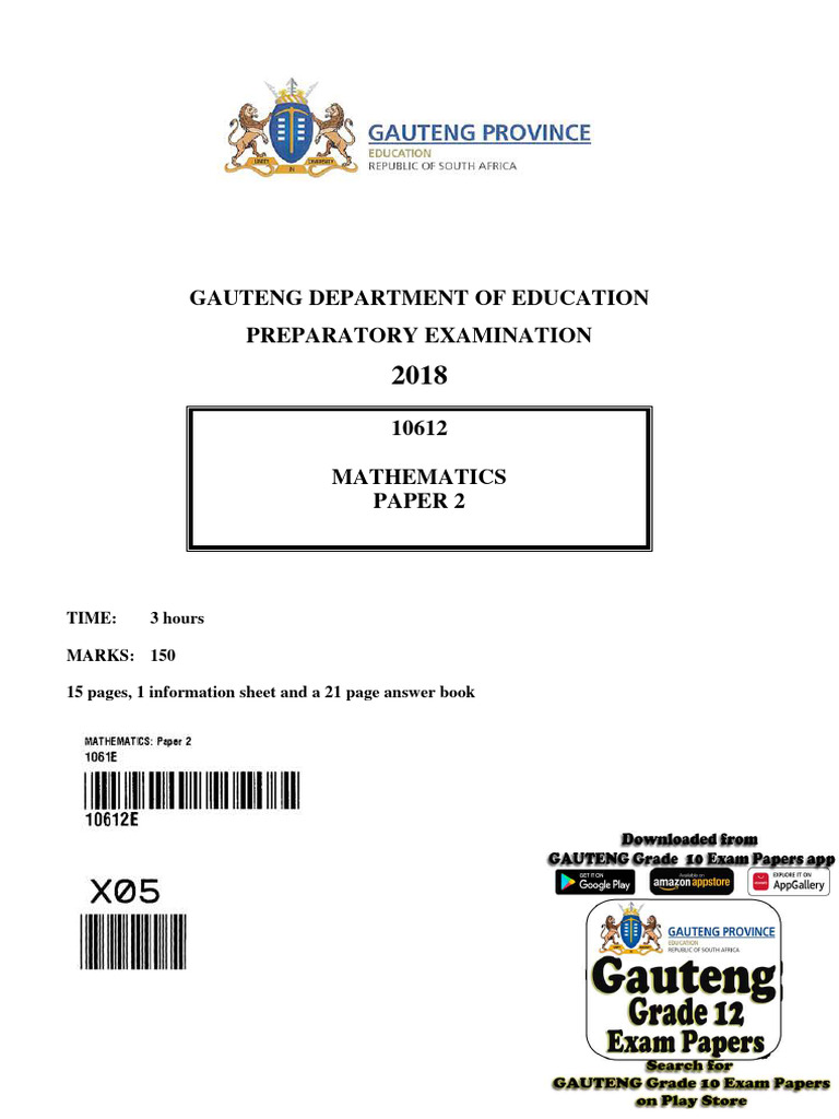 Grade 12 NSC Maths P2 - X5 Preparatory 2018 Question Paper | PDF ...