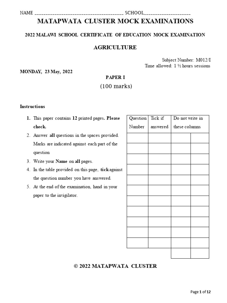 2022 MSCE Agriculture Mock Exam Paper | PDF | Goat | Agriculture