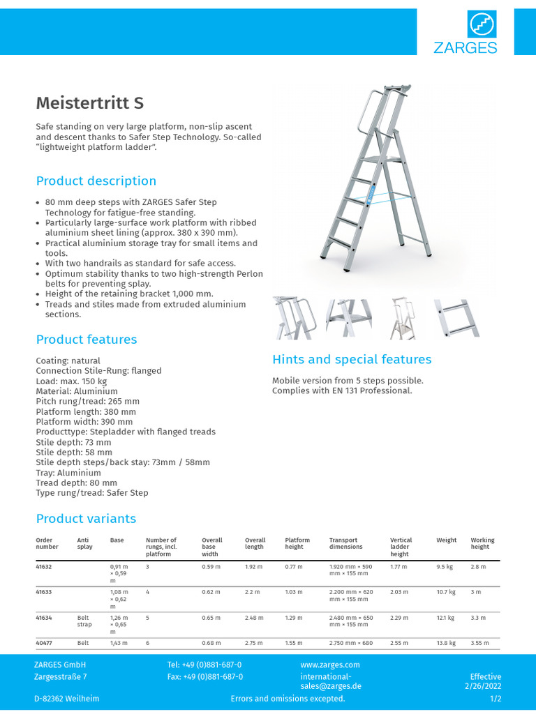 ZARGES Meistertritt S | PDF | Ladder | Length