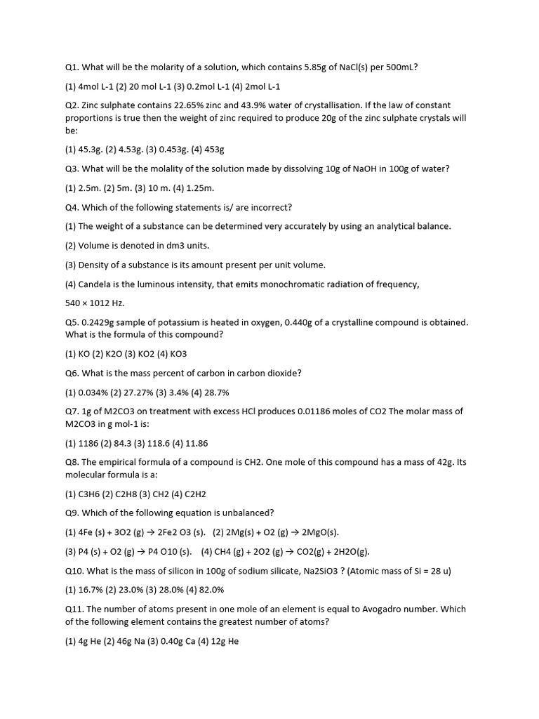 DPP 1 Mole Concept | PDF | Mole (Unit) | Molecules