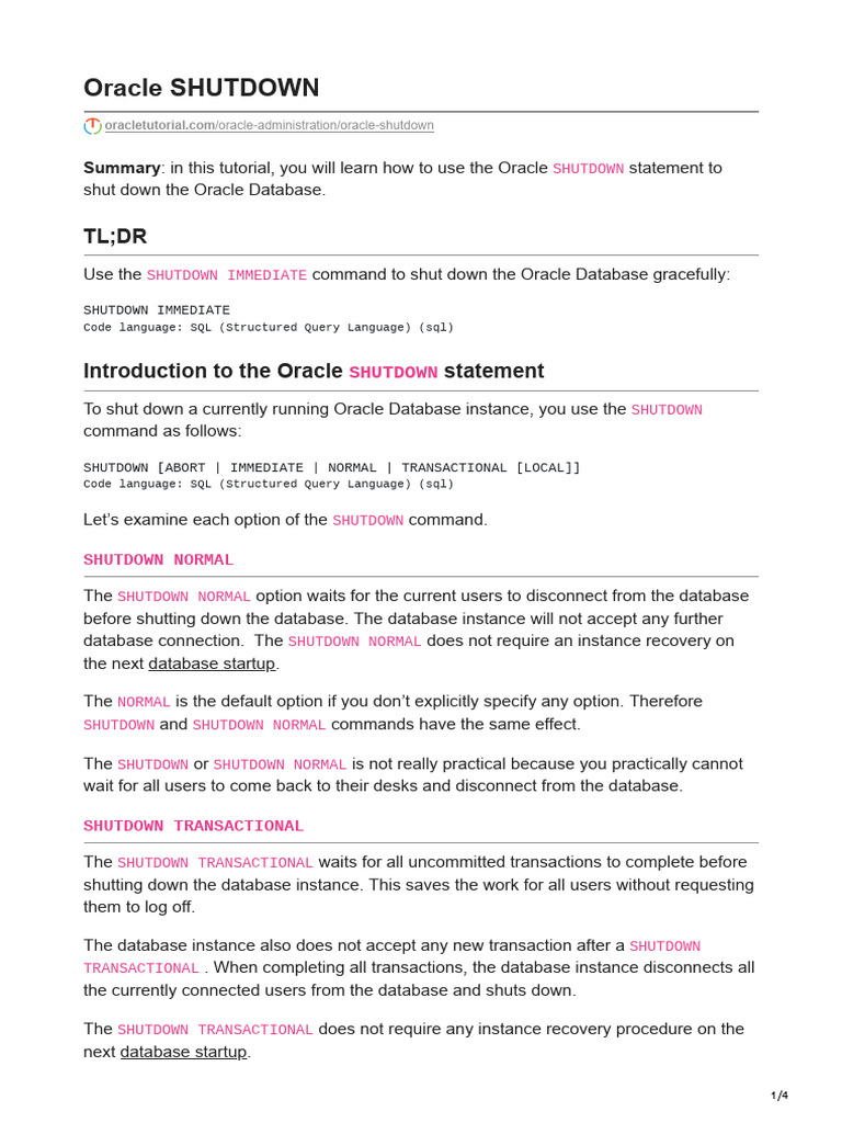 Oracle SHUTDOWN | PDF | Sql | Databases