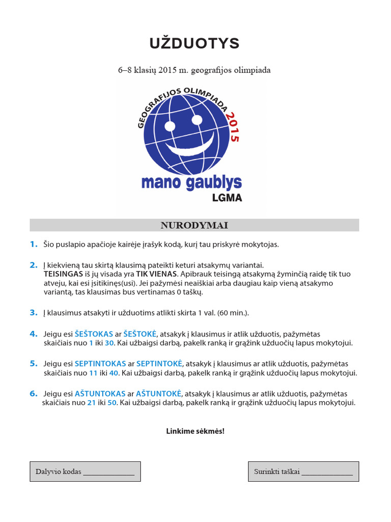 2015 Geografijos Olimpiados Mano Gaublys Klausimai Atsakymai | PDF
