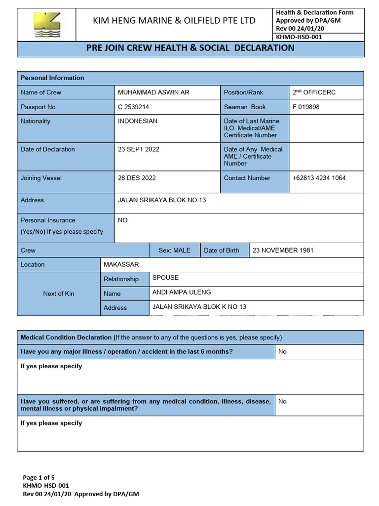KHMO-HSD-001-Crew Pre-Join Health & Social Declaration | Download Free ...