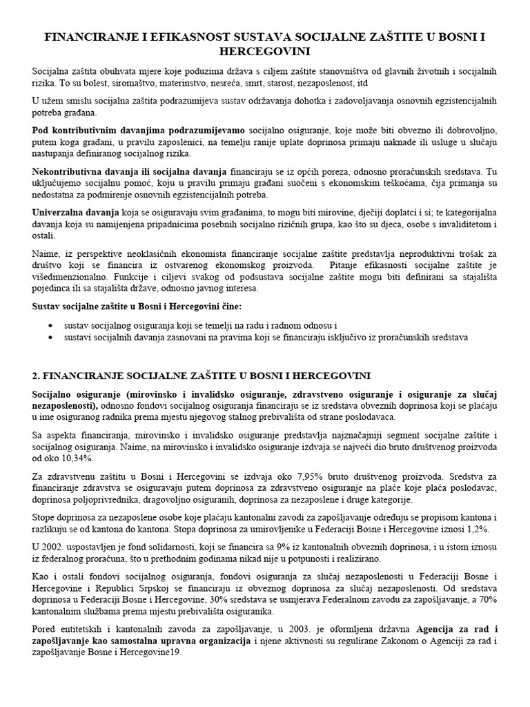 Financiranje I Efikasnost Sustava Socijalne Zaštite U Bosni I ...