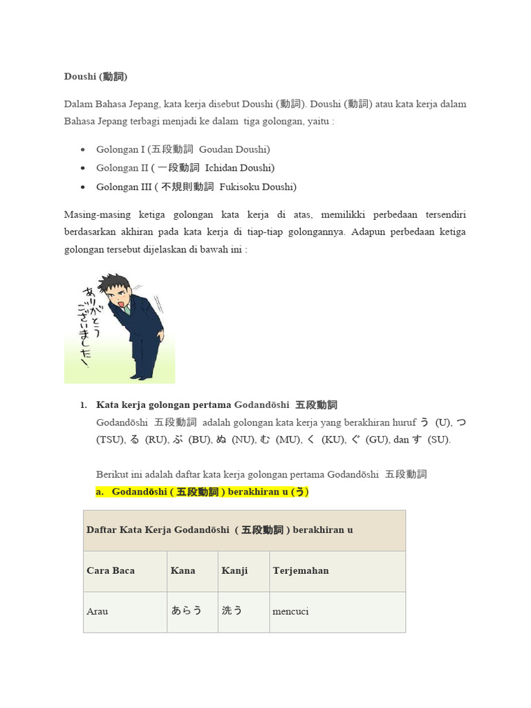 Kata Kerja Bahasa Jepang Doushi (動詞) | PDF