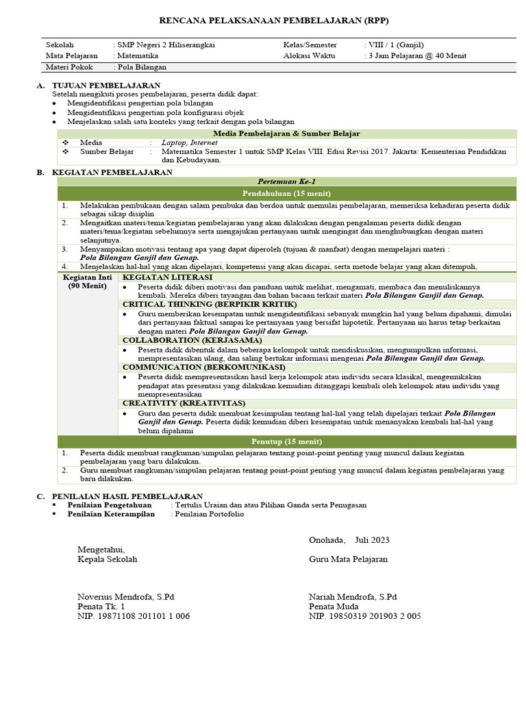 RPP 1 Pola Bilangan | PDF