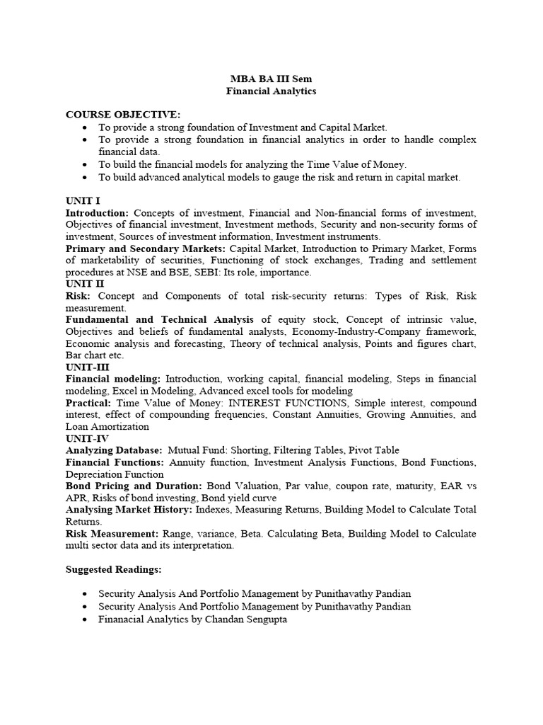 Syllabus MBA FA & SCA, BBA FA | PDF | Bonds (Finance) | Investing