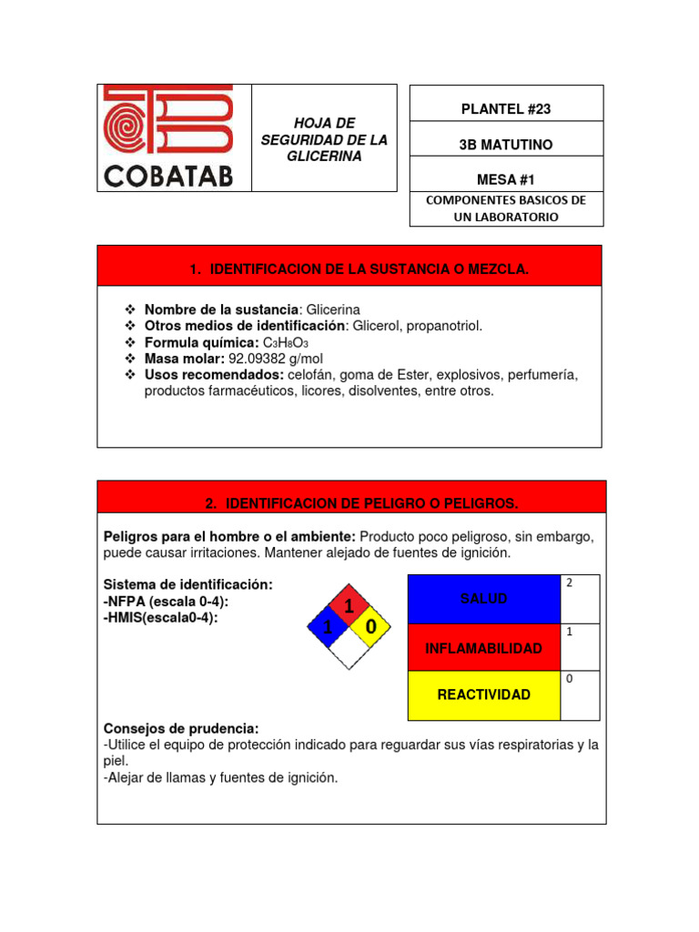 Hojas de Seguridad Glicerina | PDF Hojas de Seguridad Glicerina | PDF
