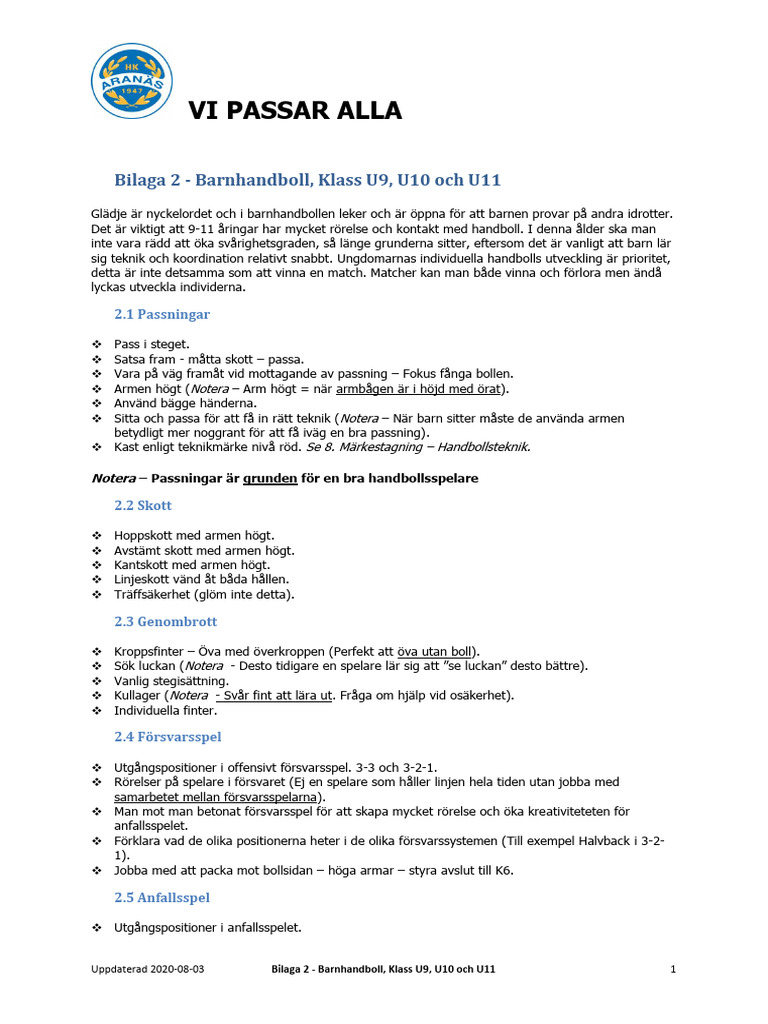 Röda tråden - Barnhandboll, Klass U9, U10 och U11 | PDF