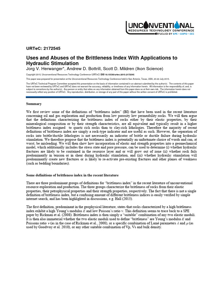 URTeC 2015 Brittleness Index J Herwanger | PDF | Young's Modulus ...