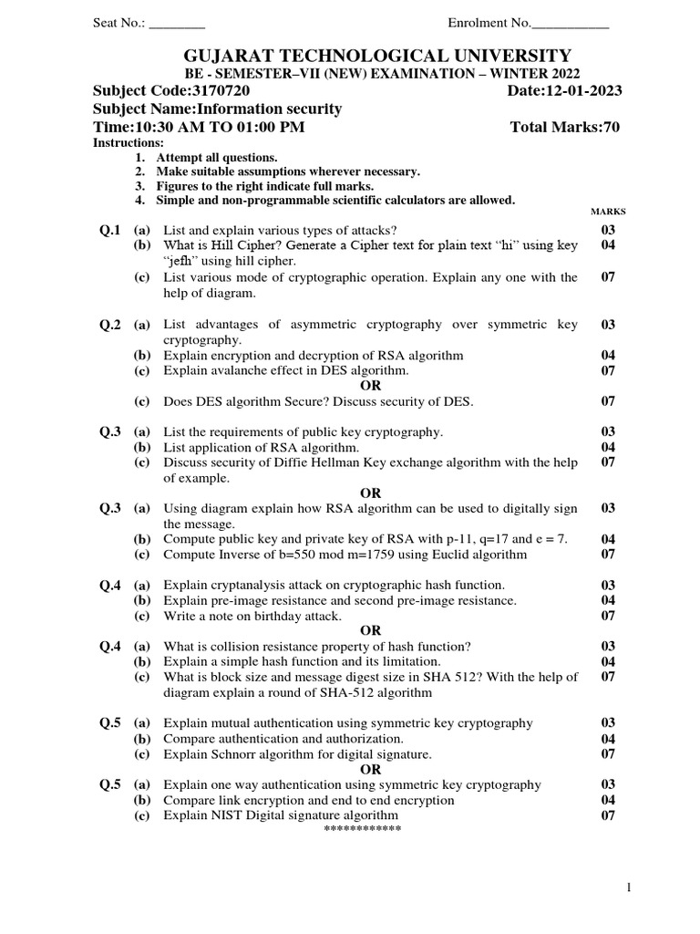 Gtu Computer 3170720 Winter 2022 | PDF | Cryptography | Key (Cryptography)