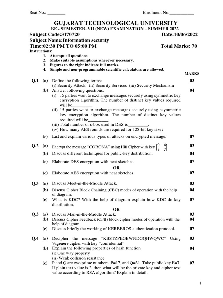 Gtu Computer 3170720 Summer 2022 | PDF | Encryption | Public Key ...