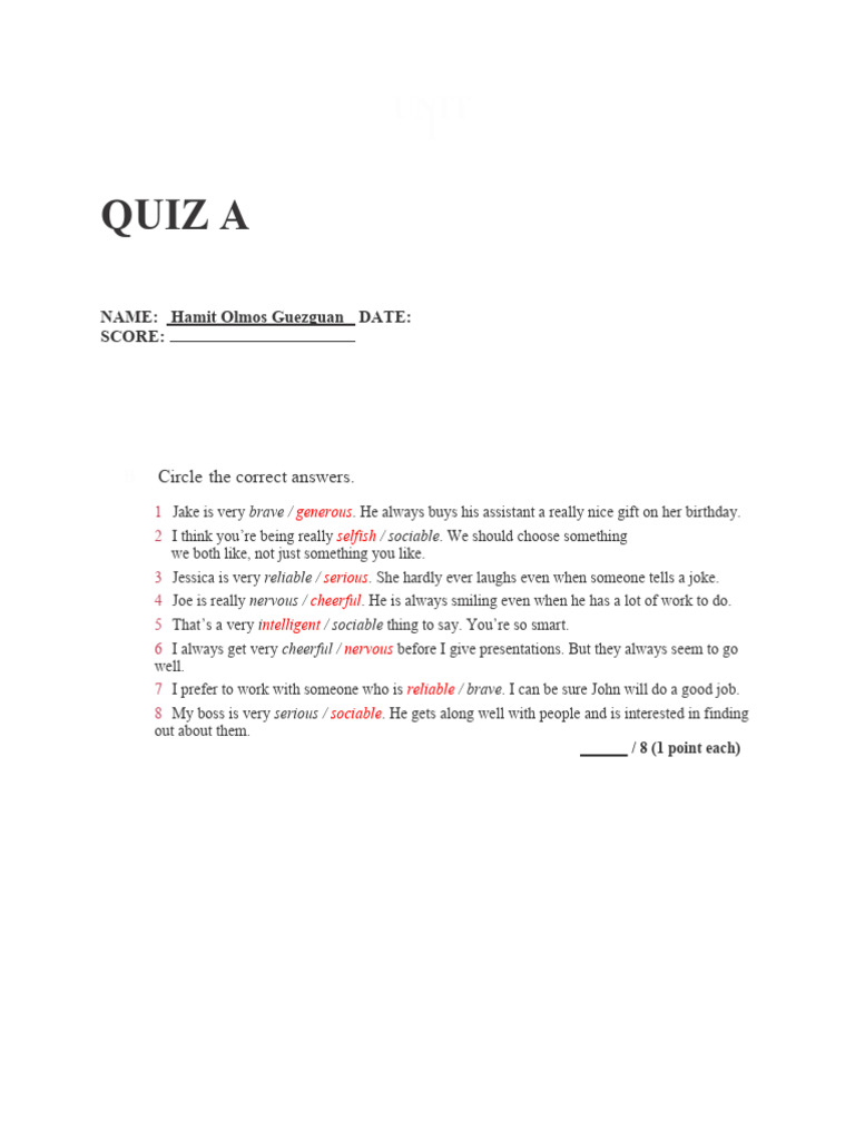 Quiz Unit 1 & 2 | PDF