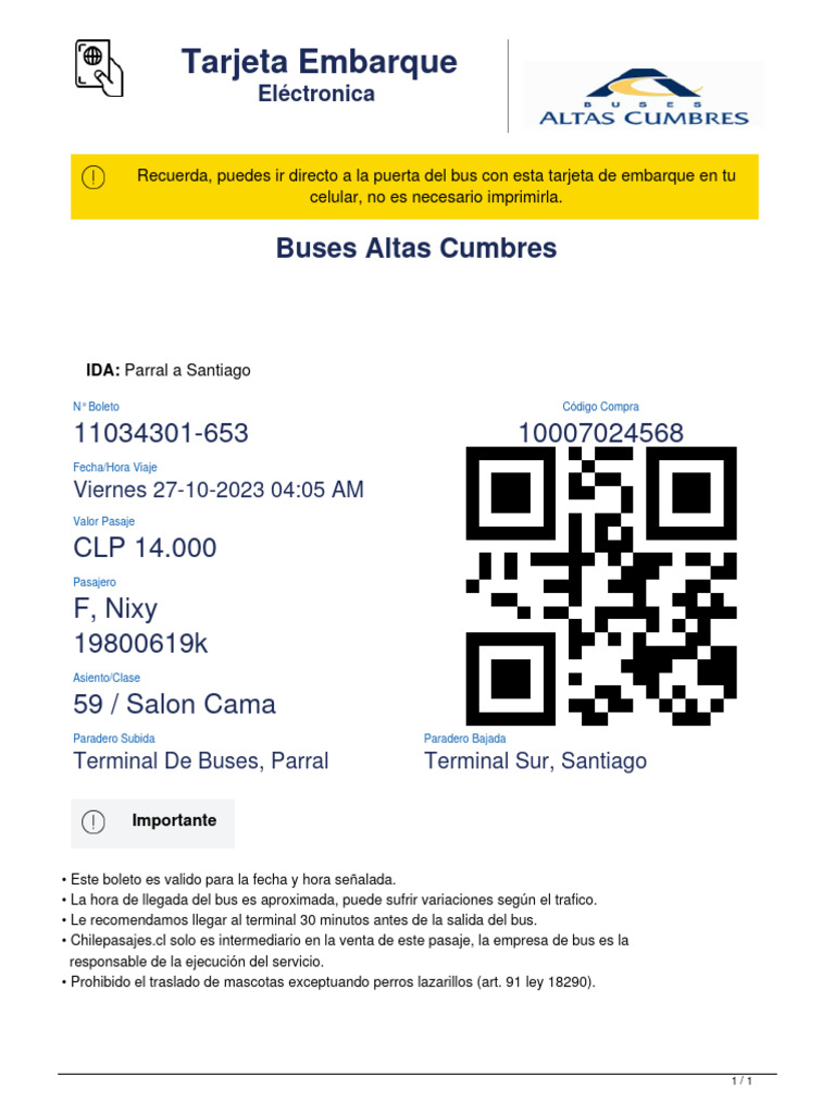 Tarjeta de Embarque Buses Altas Cumbres | PDF