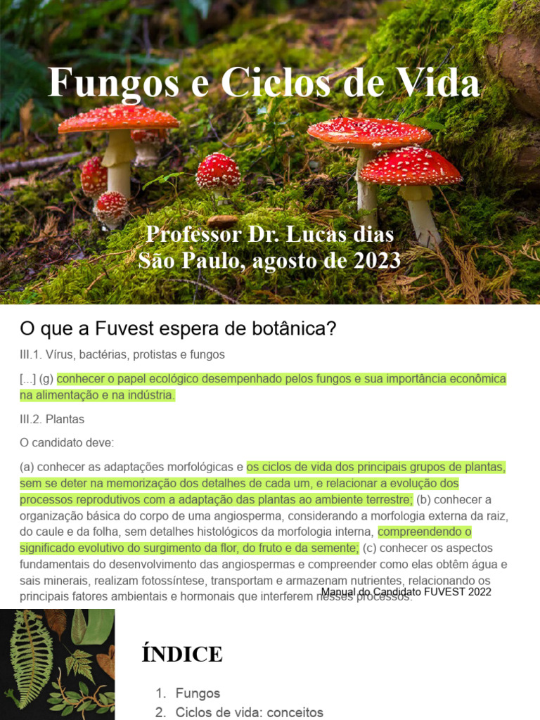 Aula de Fungos e Ciclos de Vida | Download grátis PDF | Plantas | Fungo