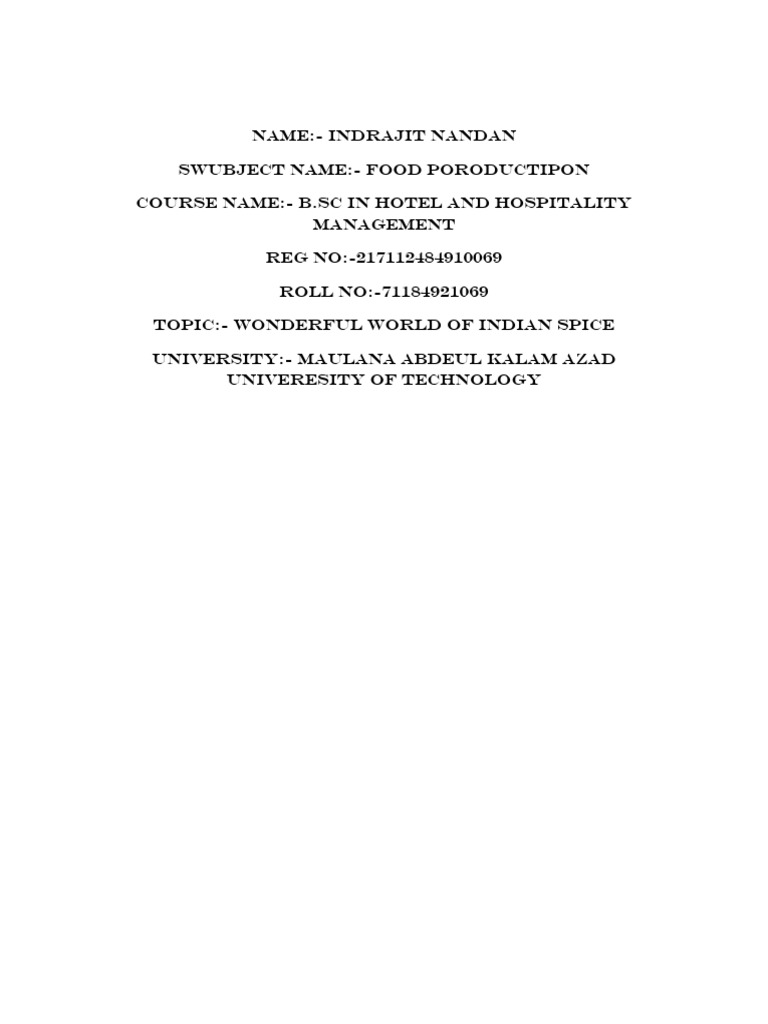 Indrajit Nandan Ca2 F&B Production.,. | PDF | Indian Cuisine | Spice