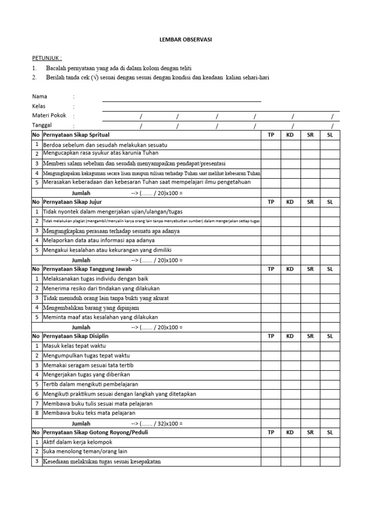Contoh Penilaian Observasi Siswa | PDF