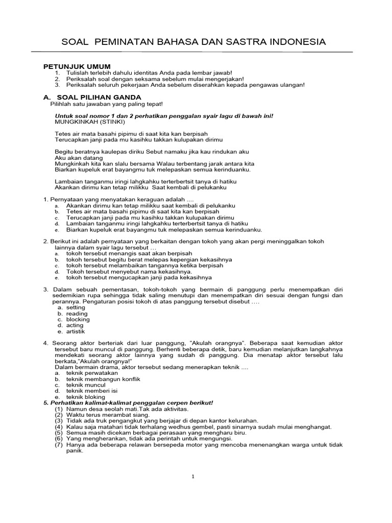Soal Peminatan Bahasa Dan Sastra Indonesia | PDF