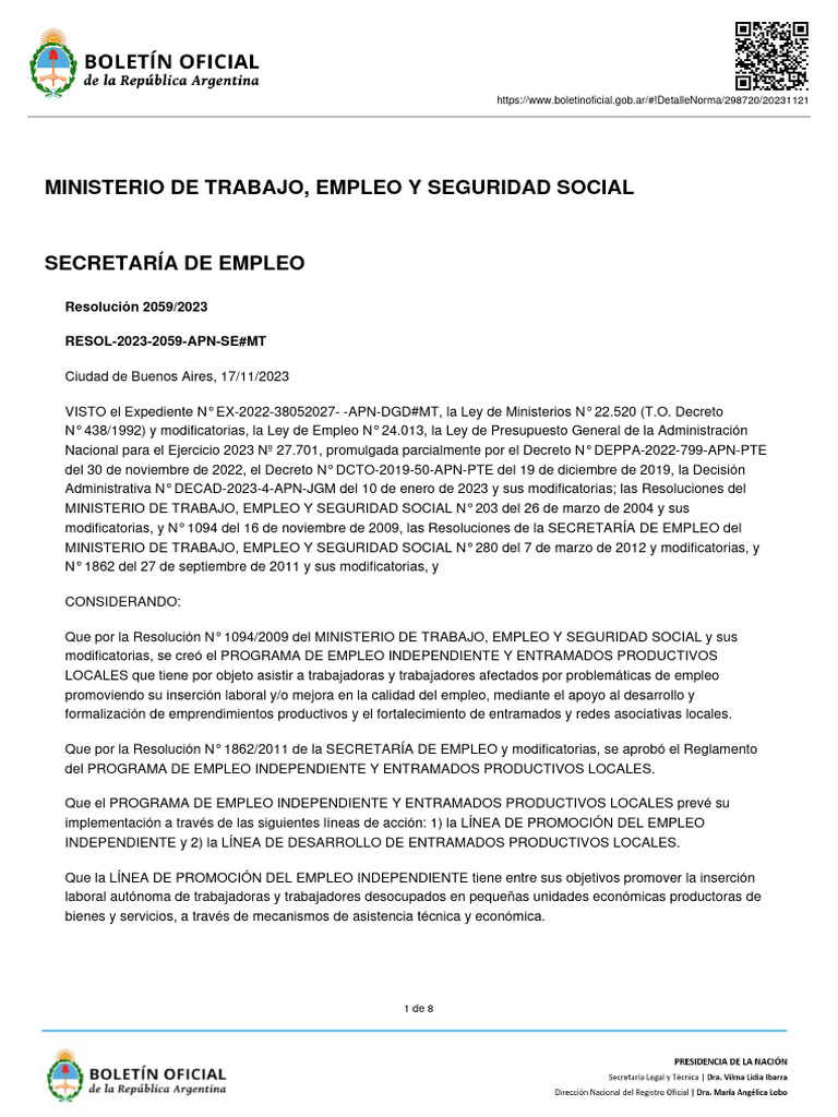 Reso 2059-2023 SEmpleo - Programa de Empleo Independiente y Entramados ...