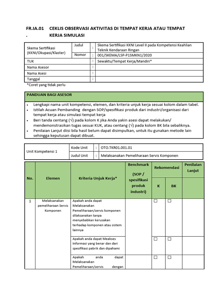 FR - Ia.01. Ceklis Observasi Aktivitas Di Tempat Kerja Atau Tempat Kerja Simulasi Konvensional ...