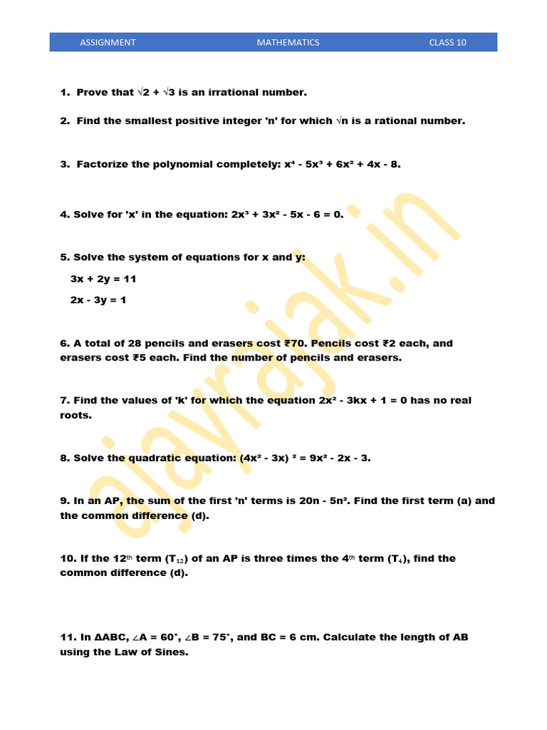 Assignment CLASS 10 | PDF