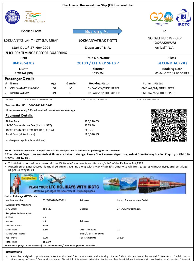 LTT GKP SF Exp Second Ac (2A) : Booked From To | Download Free PDF | Identity Document | Payments