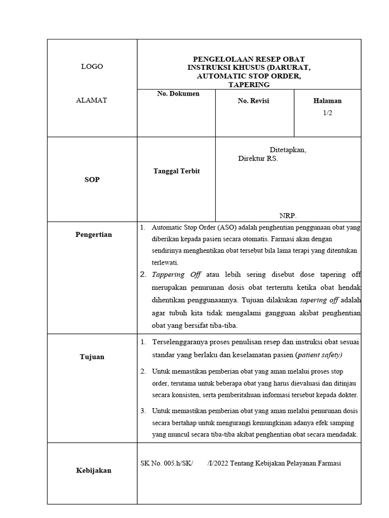 Sop Pengelolaan Obat Instruksi Khusus Automatoc Stop Order (Aso) | PDF | Pengembangan Diri ...