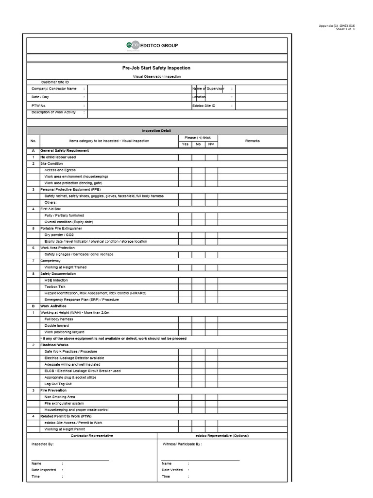 Daily Pre Job Start HSSE Checklist | PDF | Safety | Occupational Safety ...