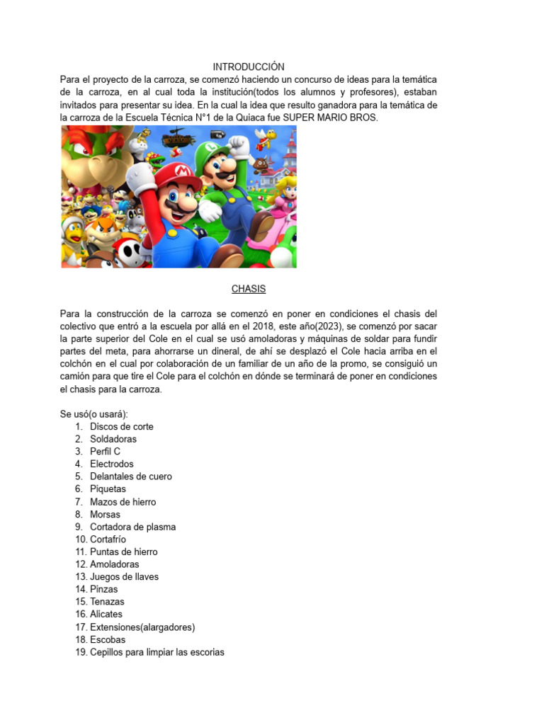 Carroza de Super Mario Bros: Proyecto 2023 | PDF | Soldadura | Construcción