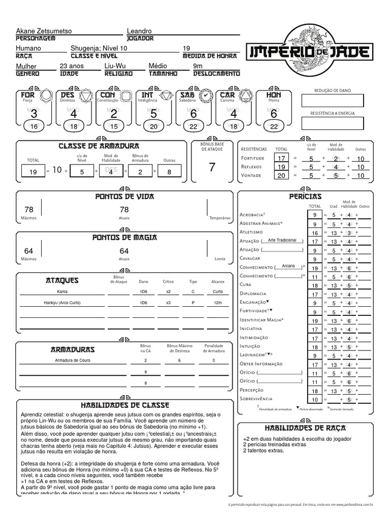 Ficha de Personagem Shugenja Nível 10 | PDF | Sabedoria