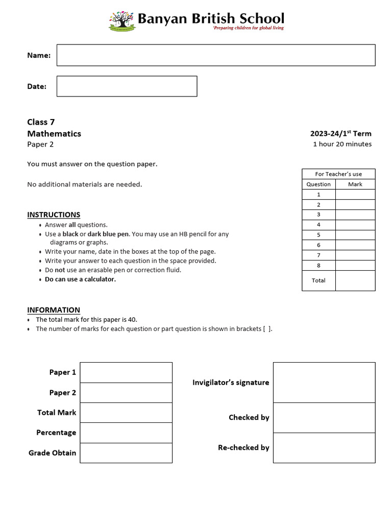 2023 1st Term Assessment Class 7 Math Paper 2 | PDF | Numbers | Mathematics