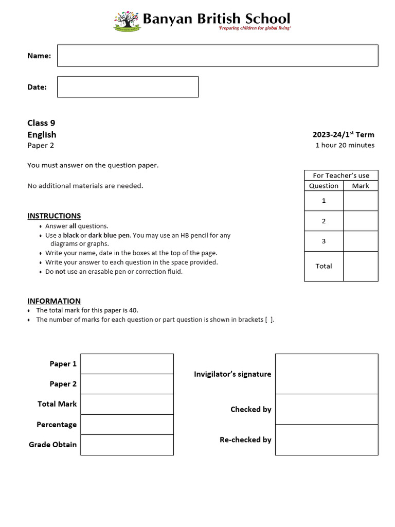 2023 1st Term Assessment Class 9 English Paper 2 | PDF