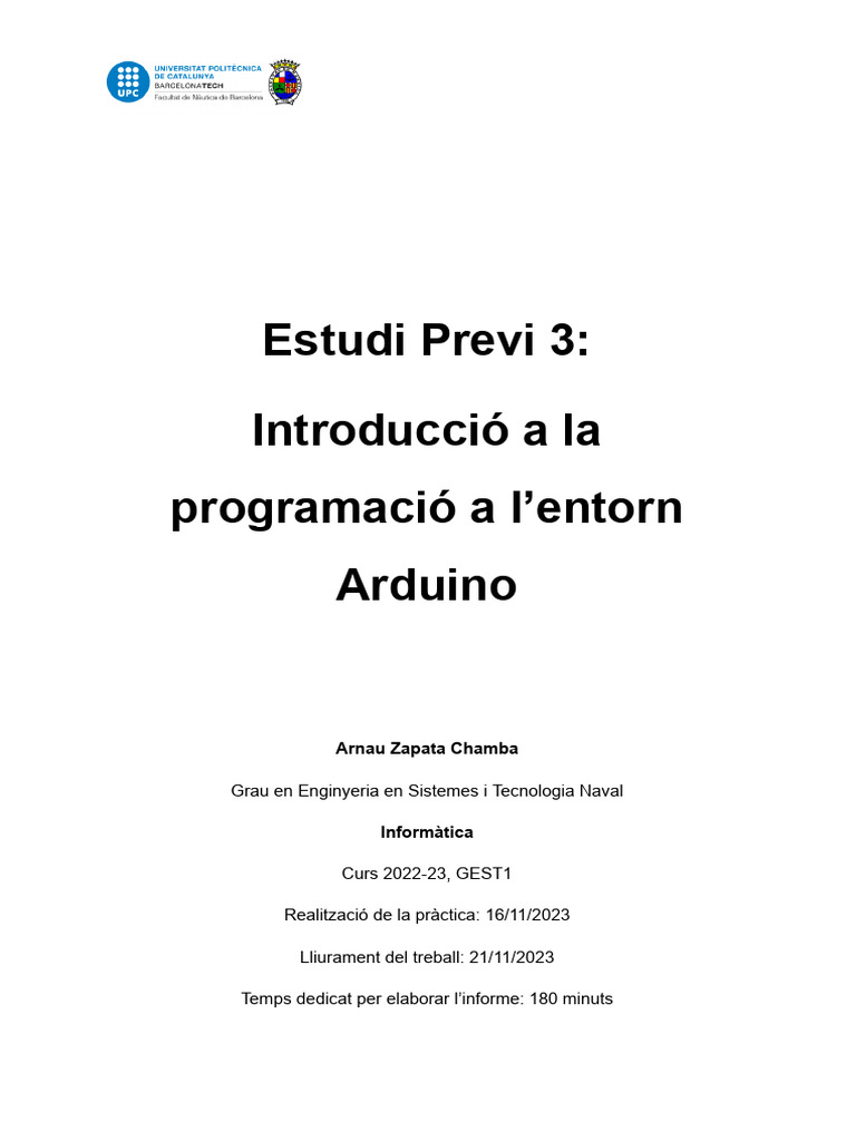 Estudi Previ 3 - Introducció A La Programació A L'entorn Arduino | PDF