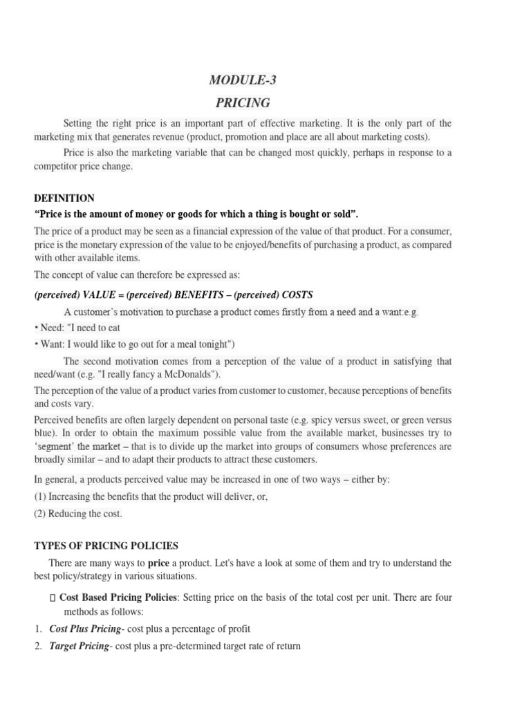 Module-3 Pricing: "Price Is The Amount of Money or Goods For Which A Thing Is Bought or Sold ...