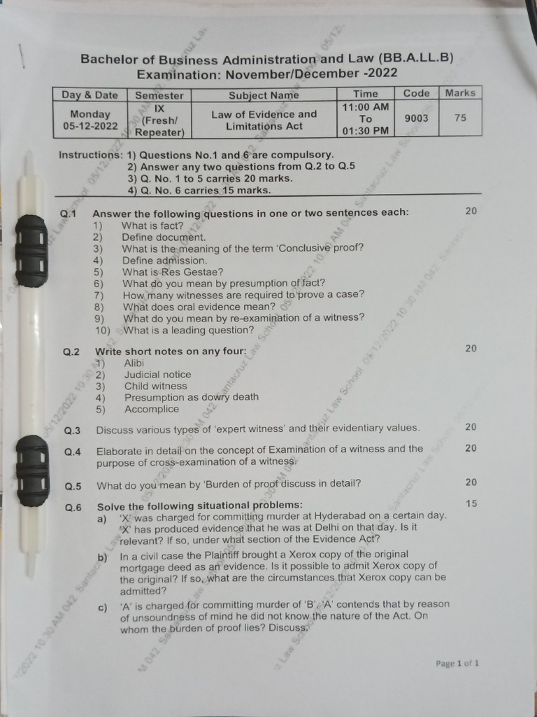 Law of Evidence Bba LLB & LLB | PDF