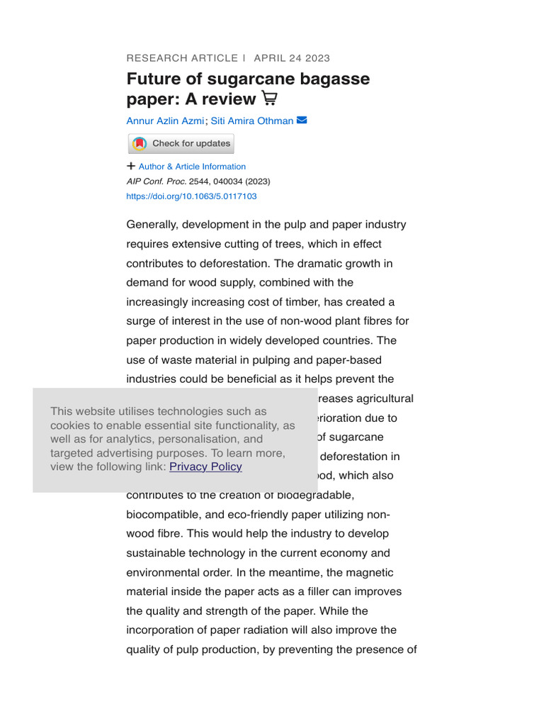 R 2 Future of Sugarcane Bagasse Paper - A Review AIP Conference Proceedings AIP Publishing | PDF ...