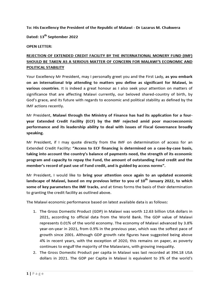 Open Letter To His Excellency DR Lazurus M. Chakwera 13th September ...