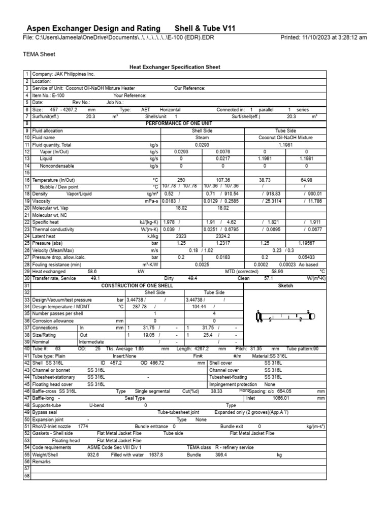 E-100 TEMA Sheet | PDF | Heat Exchanger | Industrial Processes