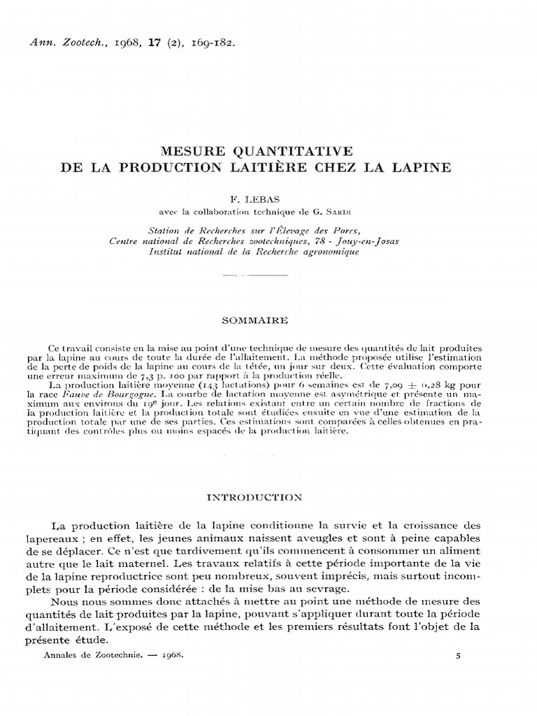 1968 Lebas 1968 Mesure Prod Lait | PDF | Laitages | Lactation
