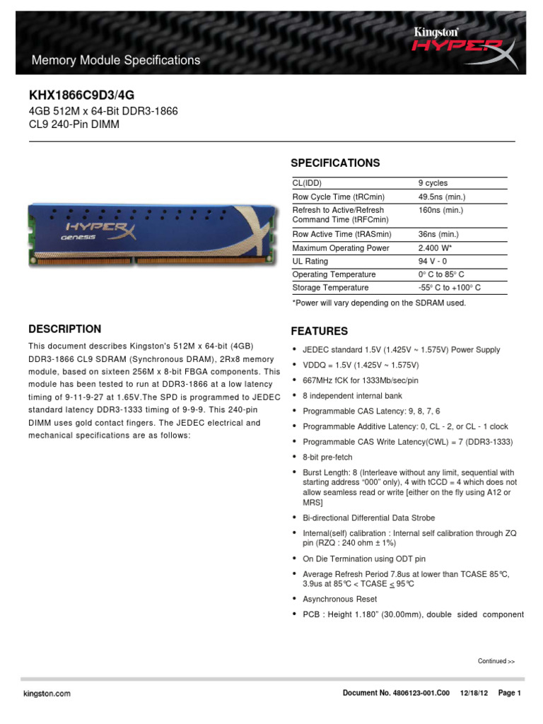 KHX1866C9D3 4G | PDF | Computer Engineering | Computer Hardware