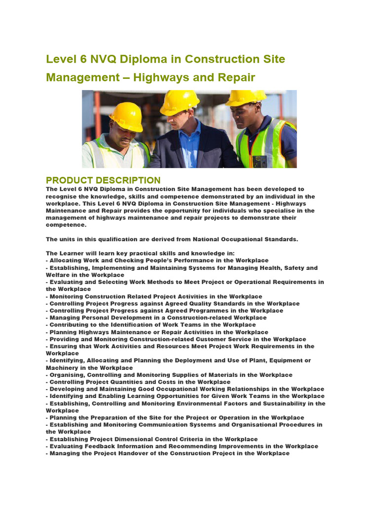Level 6 NVQ Diploma in Construction Site Management Highways and Repair ...