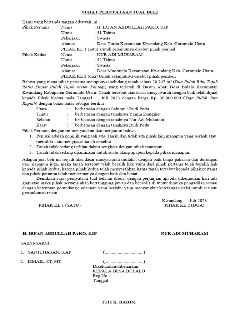 SURAT PERNYATAAN JUAL BELI Ayah Ipan | PDF | Hukum