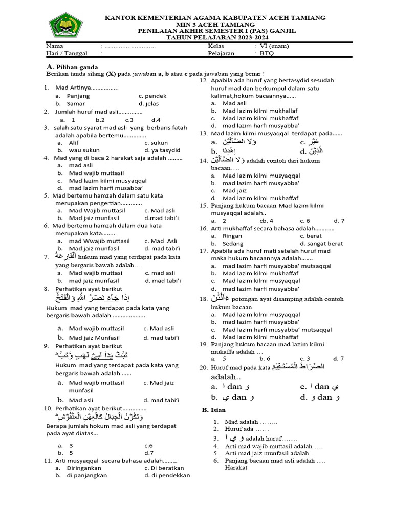 Pas BTQ Sem 1 2023-2024 Kelas 6 | PDF