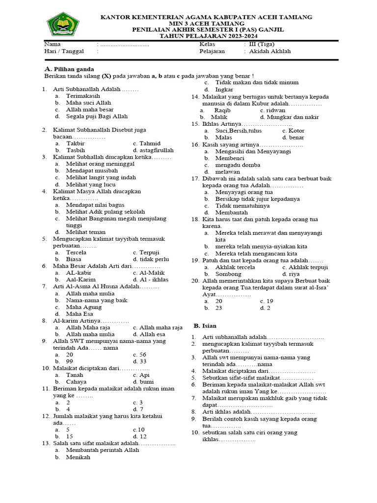 Pas Akidah Sem 1 2023-2024 | PDF