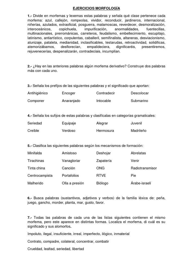Ejercicios Morfología | PDF | Sintaxis | Tipología Lingüística