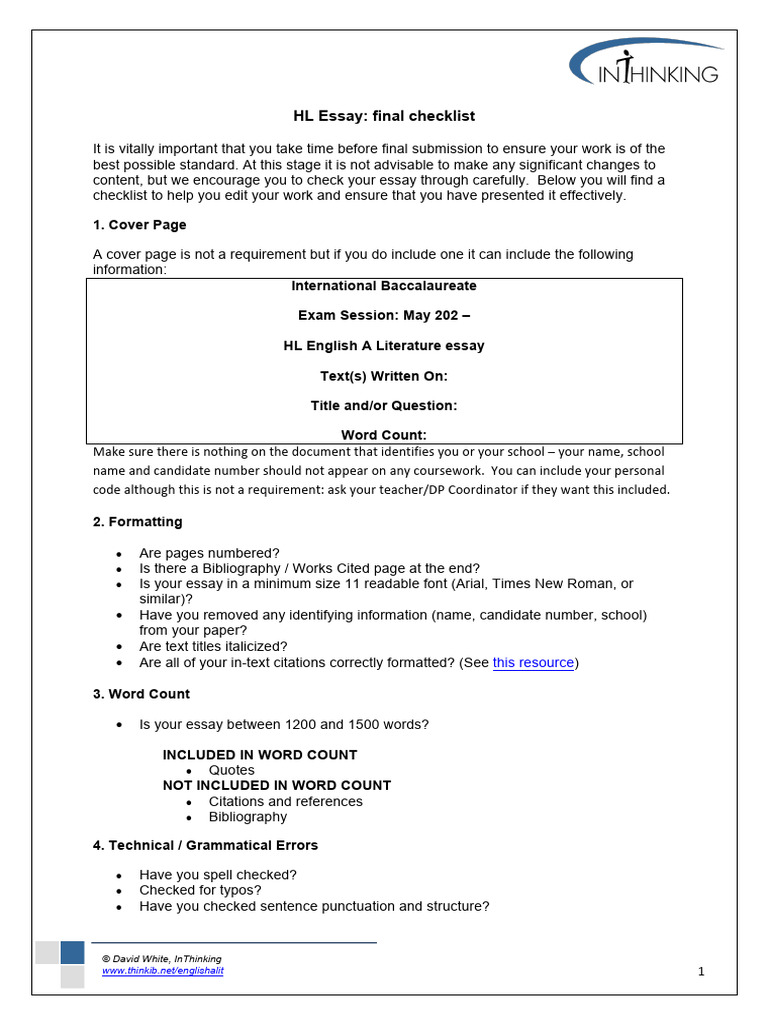 HL Essay Final Checklist PDF Writing Human Communication