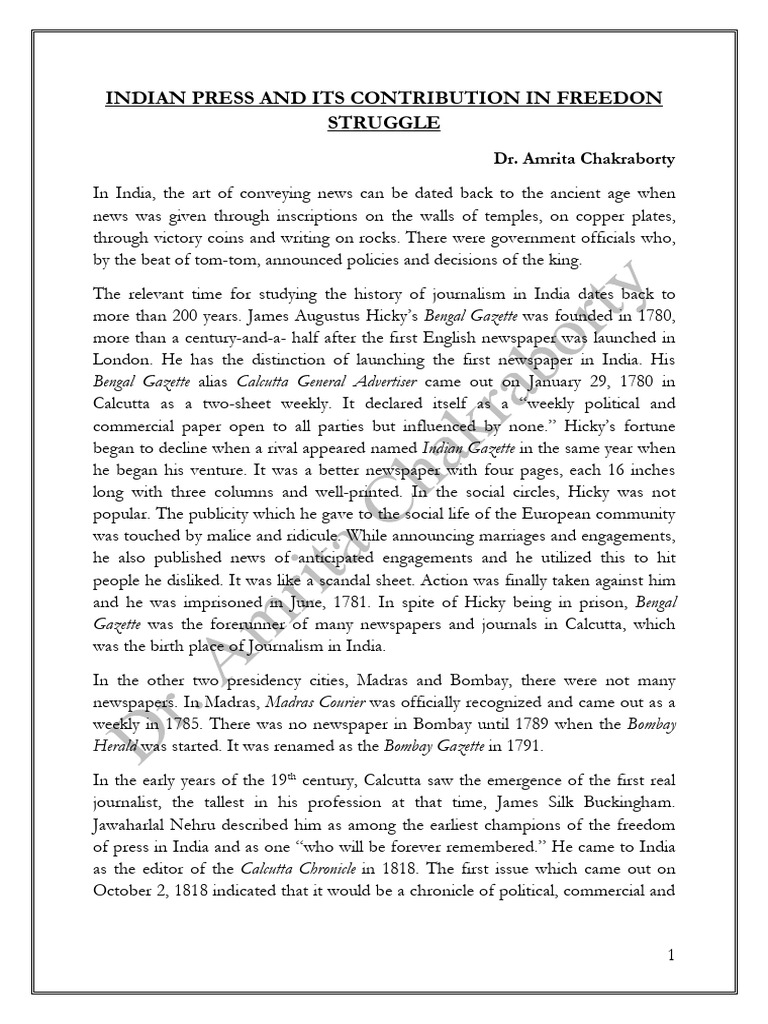 Indian Press in Freedom Struggle | PDF | Freedom Of The Press