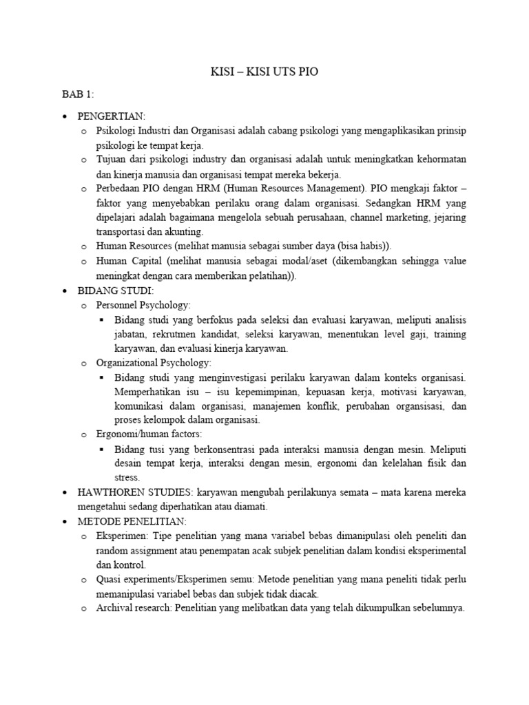 Kisi-Kisi UTS Psikologi Industri | PDF